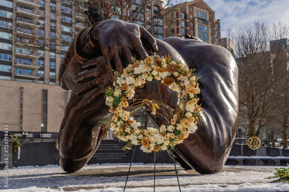 Boston, MA, US-January 15, 2024: The Embrace sculpture in the Boston ...