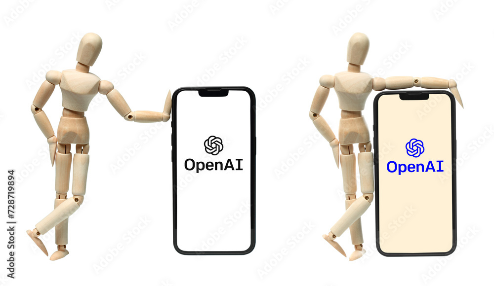 Set of smart phones with OpenAI logo on it screen with wooden manikin ...