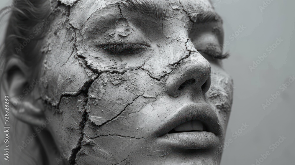 a black and white photo of a woman's face with a crack in the side of ...