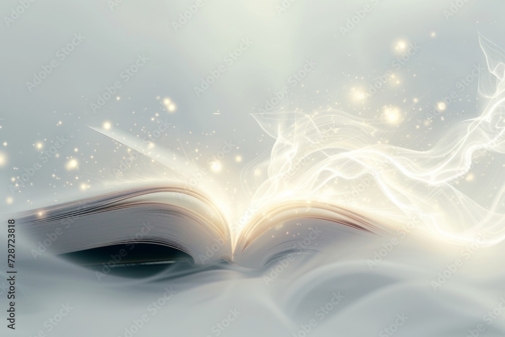 Open book with golden light shining from its pages. The soft glow ...