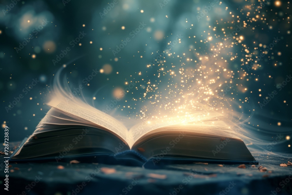 Open book with golden light shining from its pages. The soft glow ...