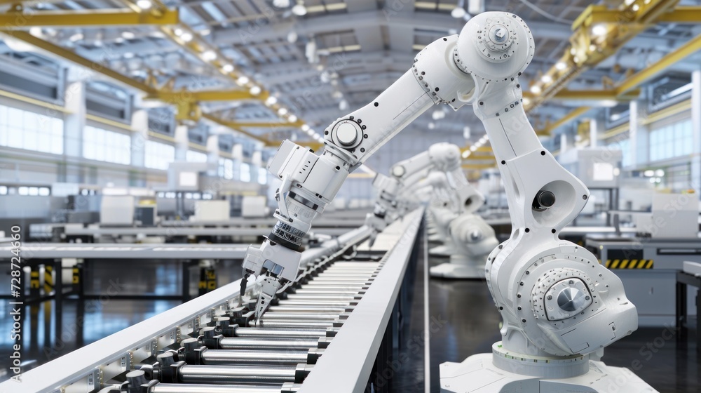 Large Production Line with White Industrial Robot Arms at Modern Bright ...