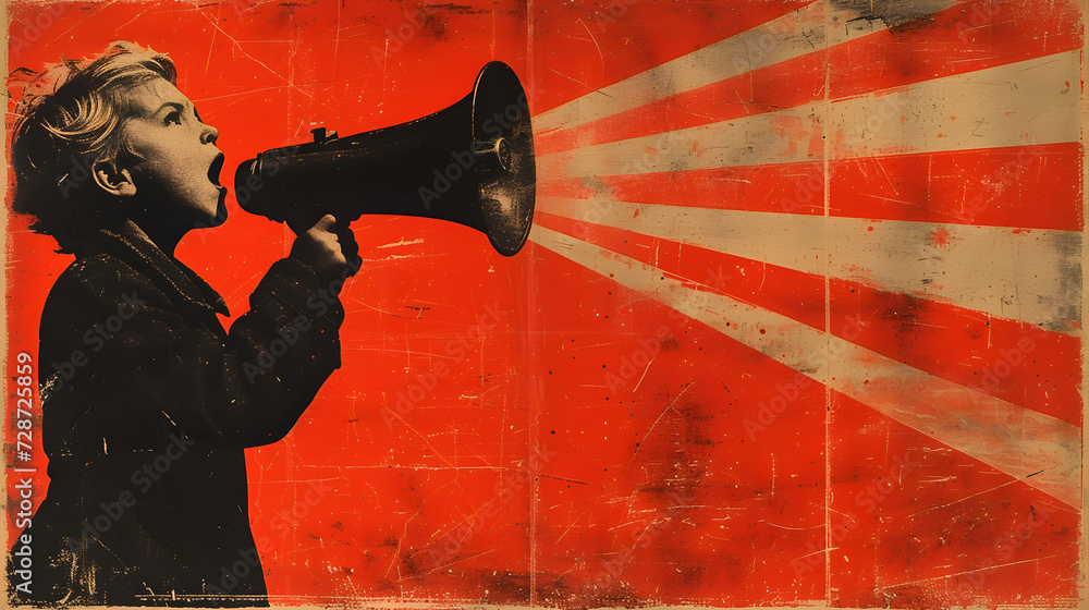 Retro collage style poster. A young boy is using megaphone and shouting ...