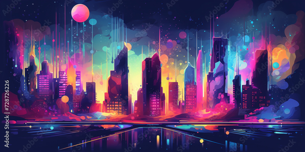 retrowave neon city wide banner with place for text. Technological ...