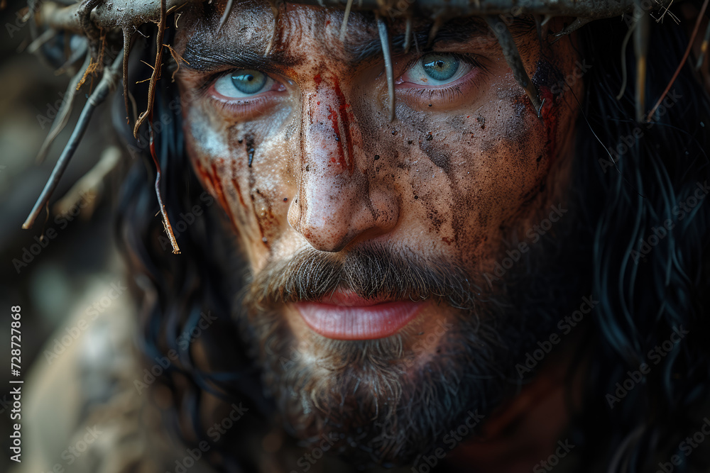 Staging of Christ bearing the weight of the cross, his face marked with ...