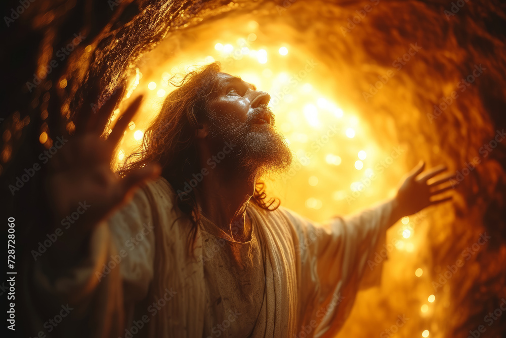 Imagination of The resurrected Christ emerging from the tomb, radiating ...