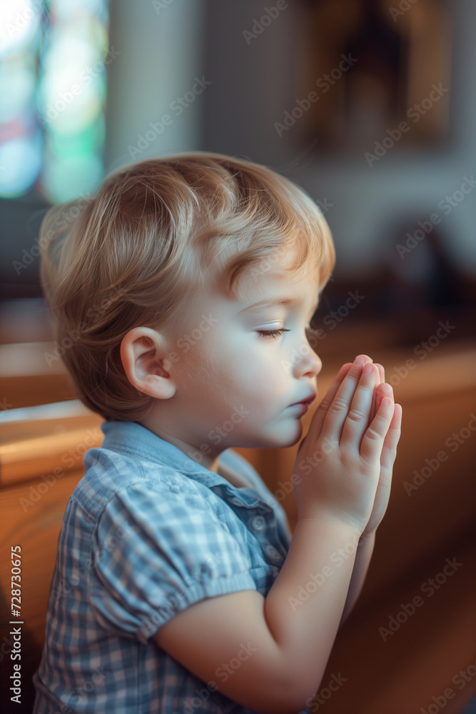 little boy clasped his hands together in church and praying Stock Photo ...