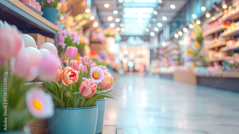 Floral Walkway in Illuminated Mall. Flower pots line a brightly lit ...