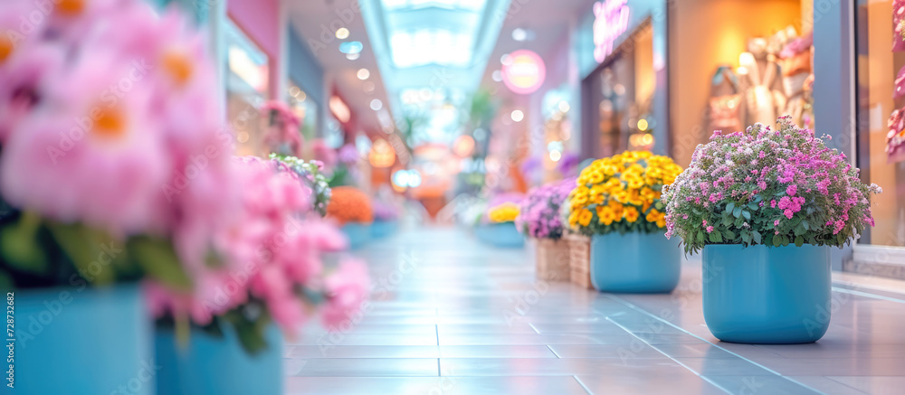Floral Walkway in Illuminated Mall. Flower pots line a brightly lit ...