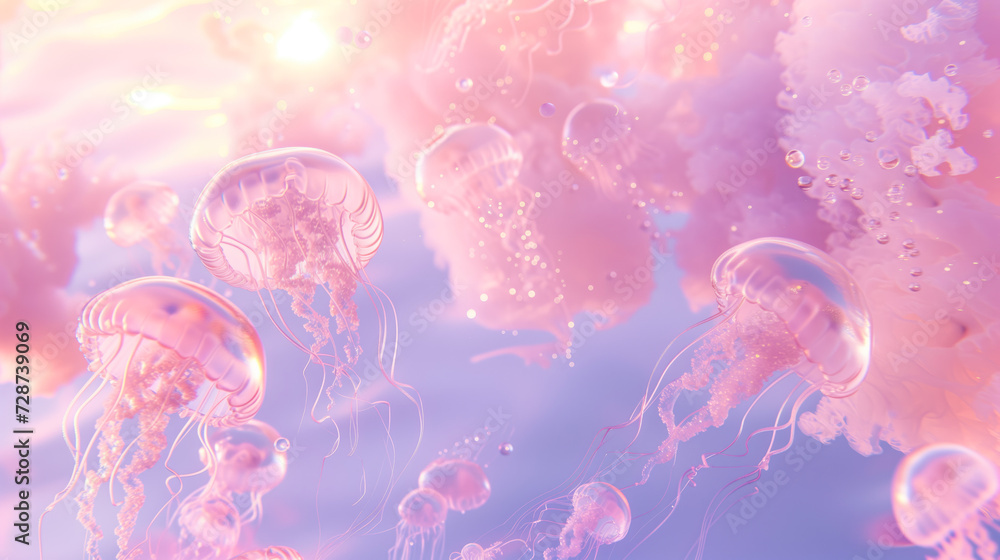 Pearl and clear crystal jellyfish floating in a light pink water ...
