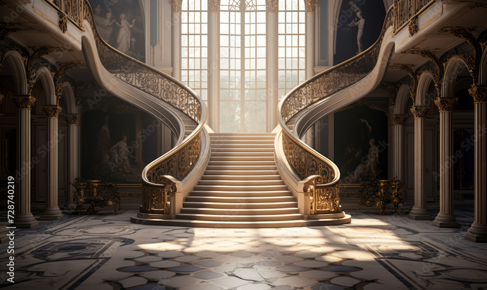 Grandiose double staircase in a luxurious palace with sunlight ...