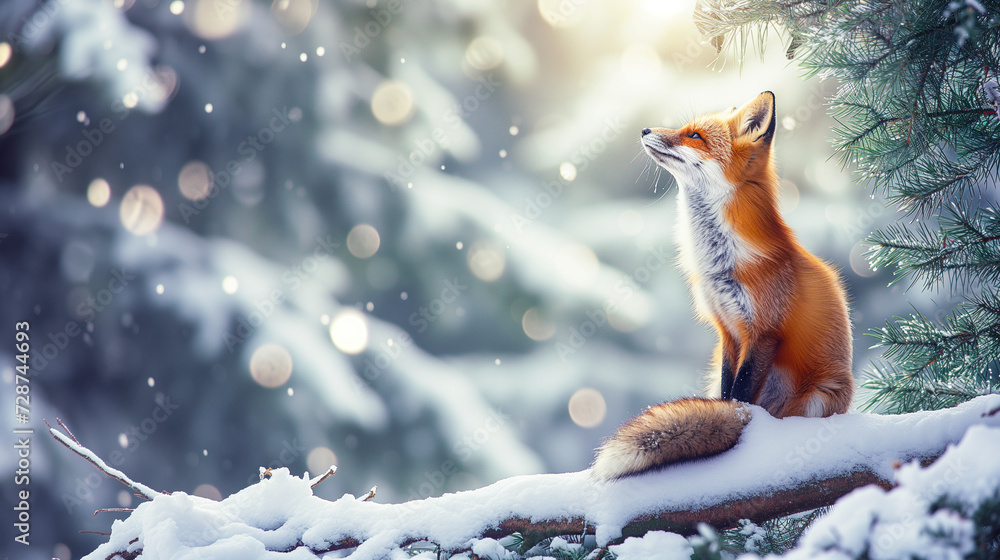 red fox sits on a snow-covered branch in a forest, gazing upwards as ...