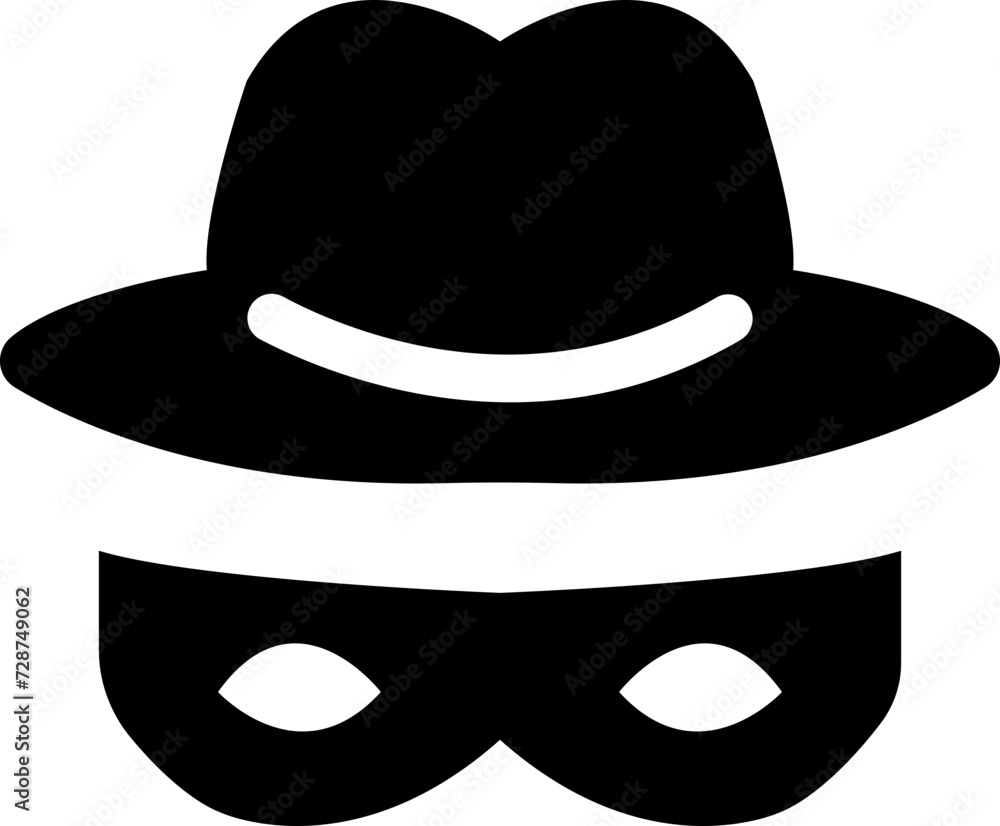 Agent icon. Spy sunglasses. Hat and glasses, Mystery man sign. Robber ...