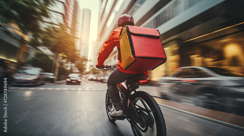 Dynamic image of a food delivery cyclist navigating city streets with ...