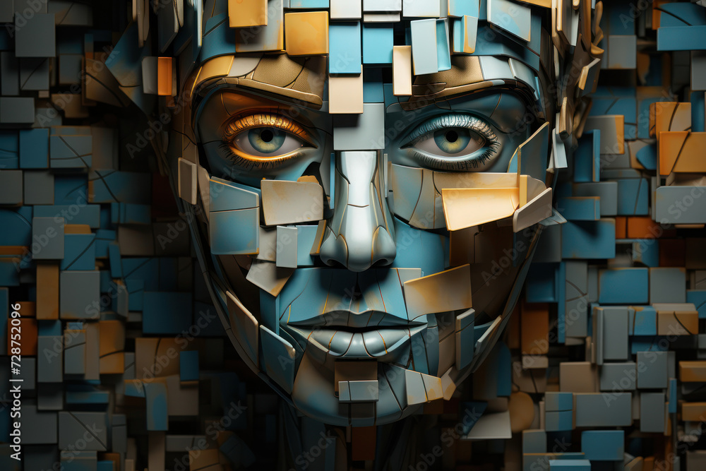 Cubist-inspired shapes converge to form a faceless person, representing ...