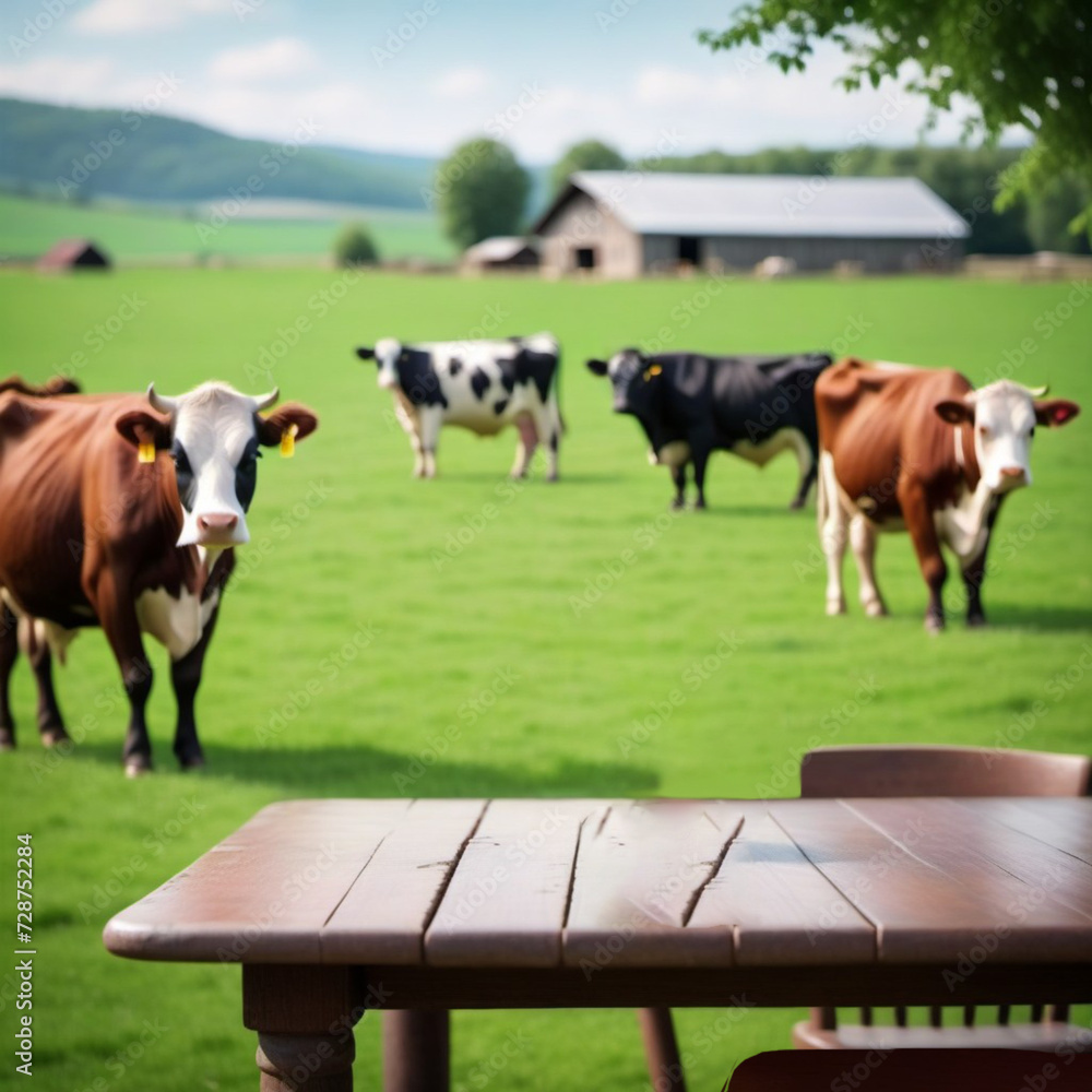 Picture of a dairy farm with a wooden table for product presentation ...
