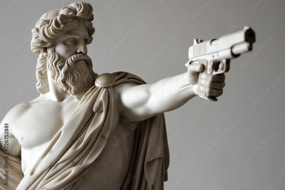 Greek god sculpture with modern weapon. Marble, stone sculpture holding ...