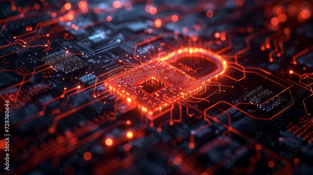 Cybersecurity concept represented by a glowing digital lock on an ...