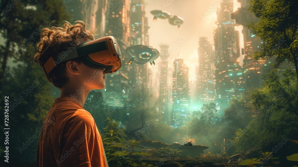 A boy with virtual reality glasses stands in a park. The scenery around ...