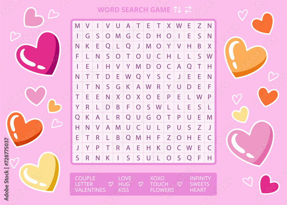 Love word search puzzle game with cute heart drawings worksheet ...