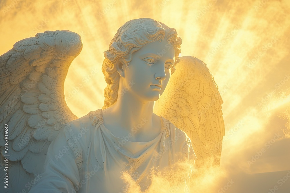 Sculpture of a guardian angel pierced by the rays of the sun. Religious ...