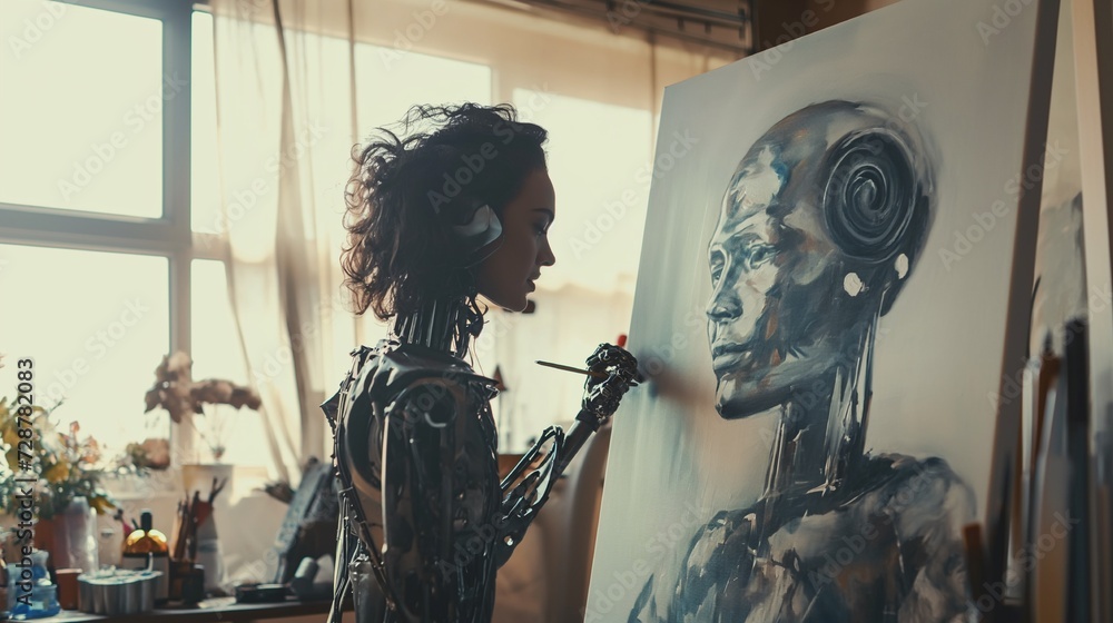 Humanoid robot artist painting a portrait on a canvas in an artist ...