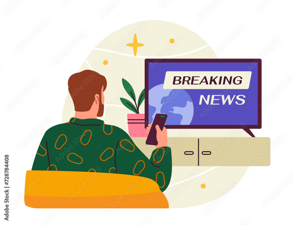 Mass media concept. Man with remote controller watch tv and breaking ...