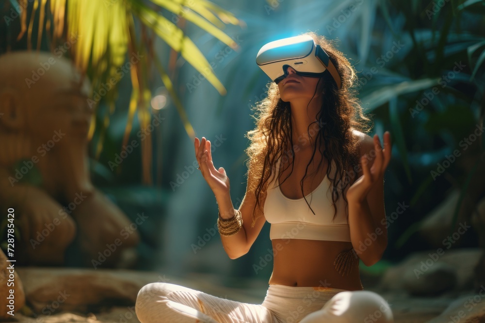 Women in vr headset, on beach vacation, virtual world, palm trees, beach, tropical island ...