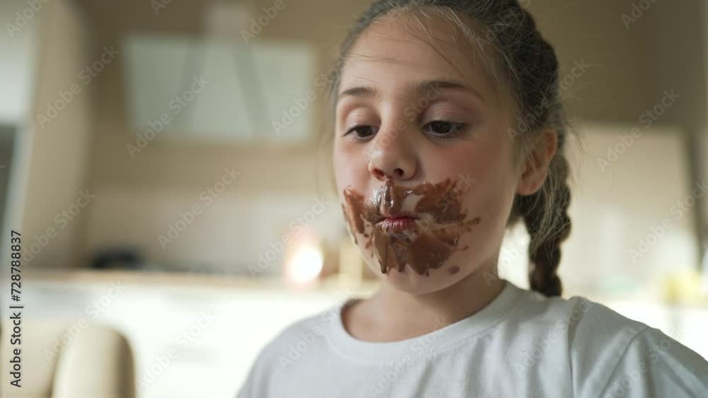 Child children eat sweet chocolate at table. Dirty face child mouth ...
