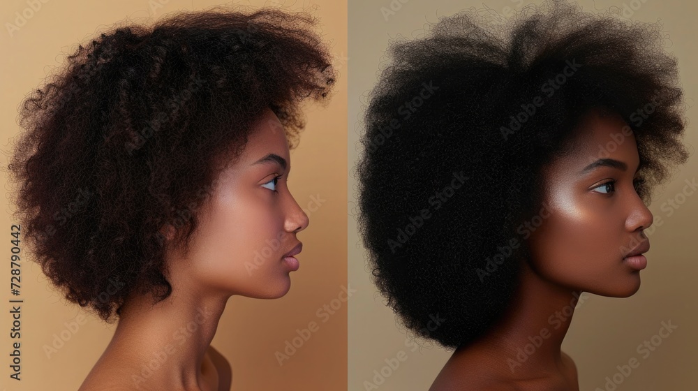 A split-image of African hair: on the left, the hair is natural, wild ...