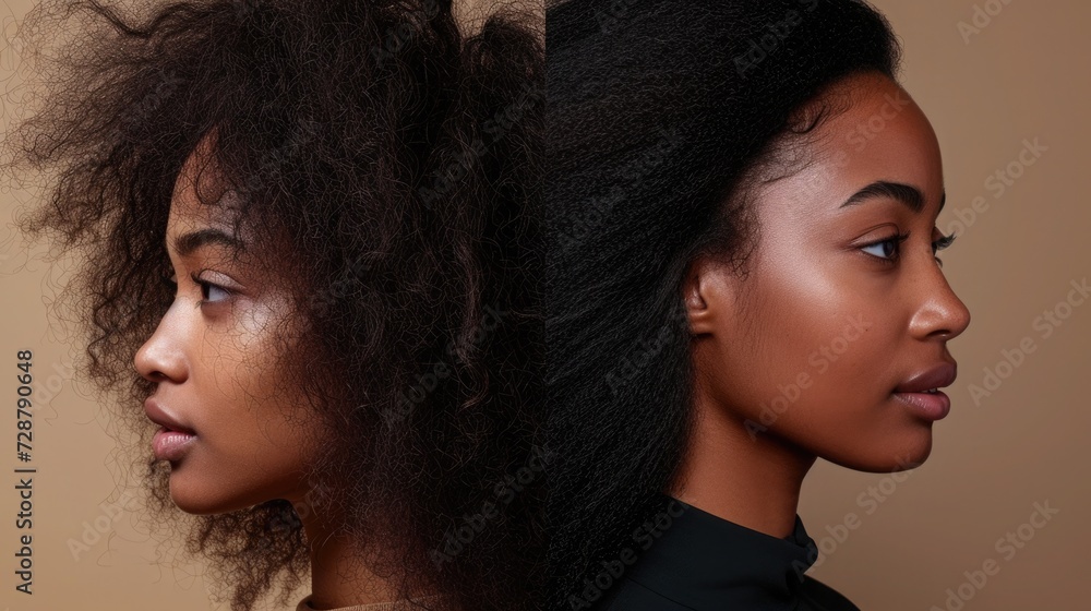 A split-image of African hair: on the left, the hair is natural, wild ...
