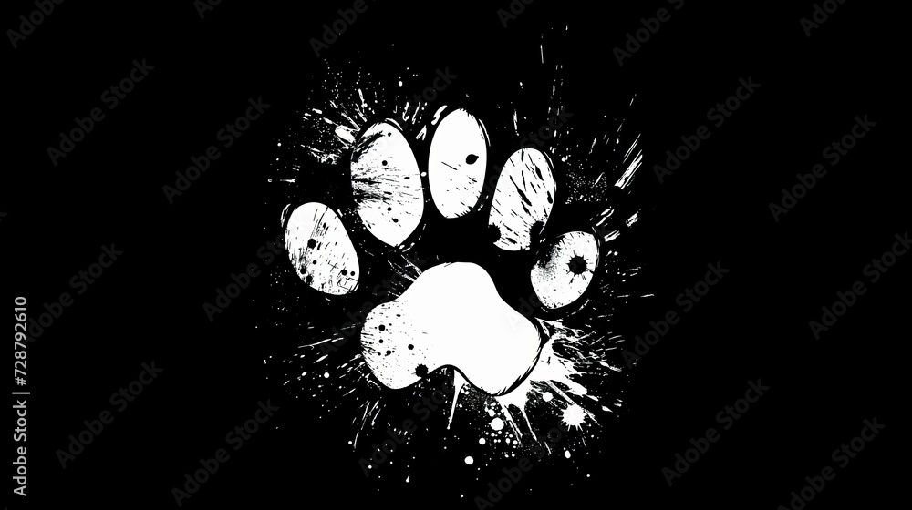 Simple white futuristic logo of a kitten paw print with a subtle paint ...