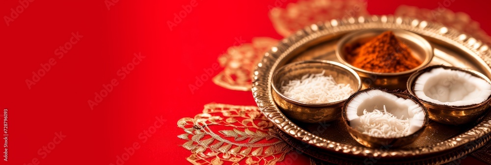 Traditional puja thali on luxury red background. Ugadi, Hindu New Year ...