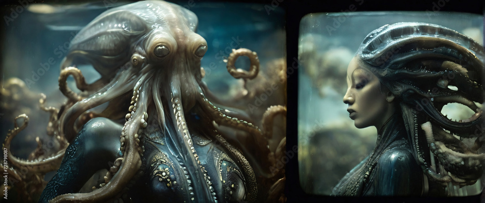 Poster In the exquisite composition, a resplendent tentacled alien of ...