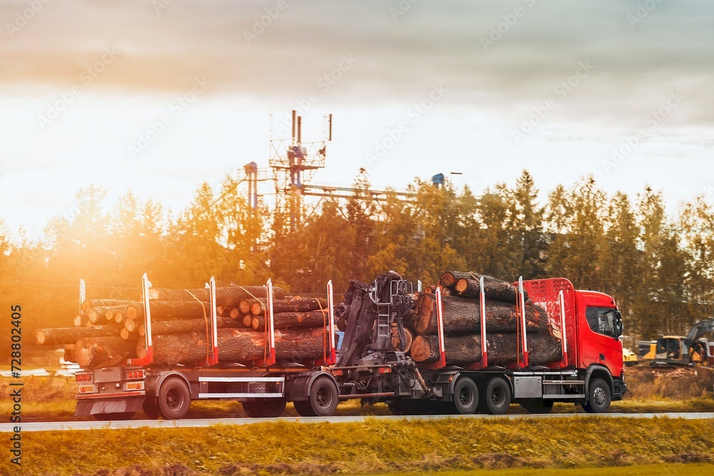 Forestry in Action. Truck Carrying a Heavy Load of Wooden Logs on the ...