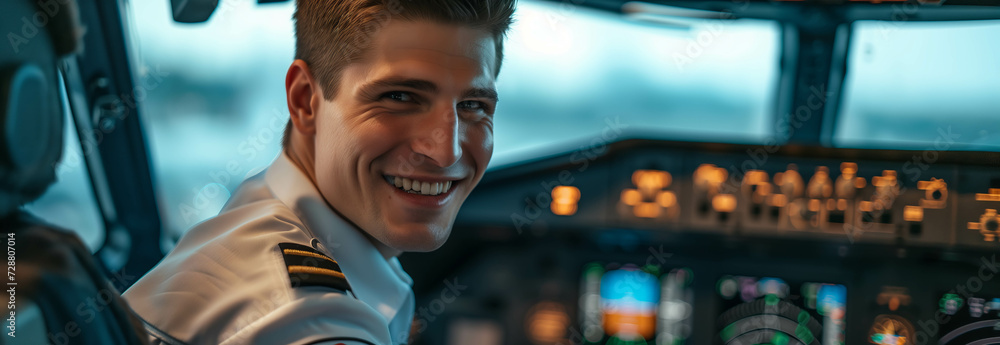 Caucasian male airplane captain wearing uniform in cockpit. Stock Photo ...