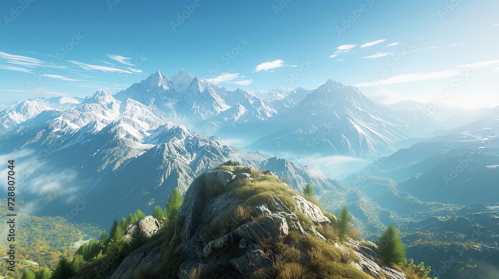mountaintop view, with crisp details of rugged terrain, snow-capped ...