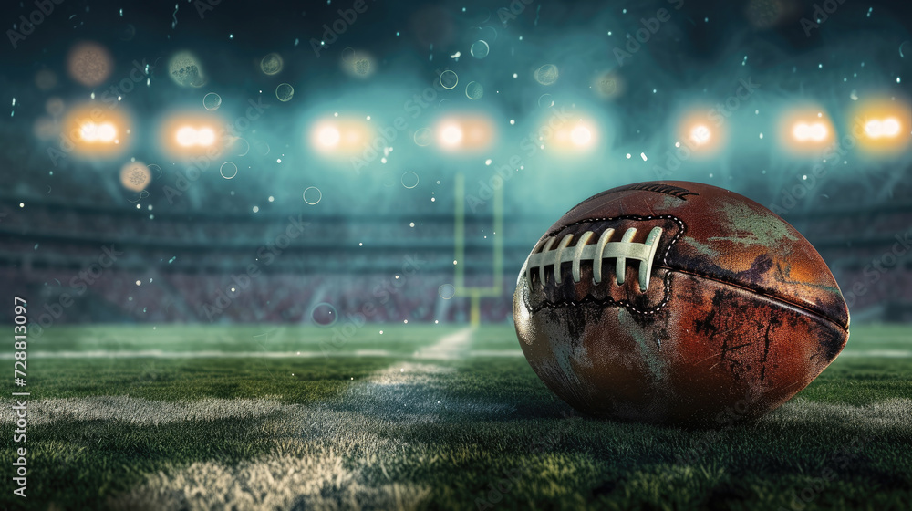 An old, weathered American football rests on the field with stadium ...