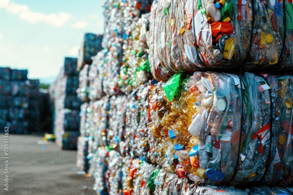 Large stack of compressed plastic bottles into square bales outdoors ...