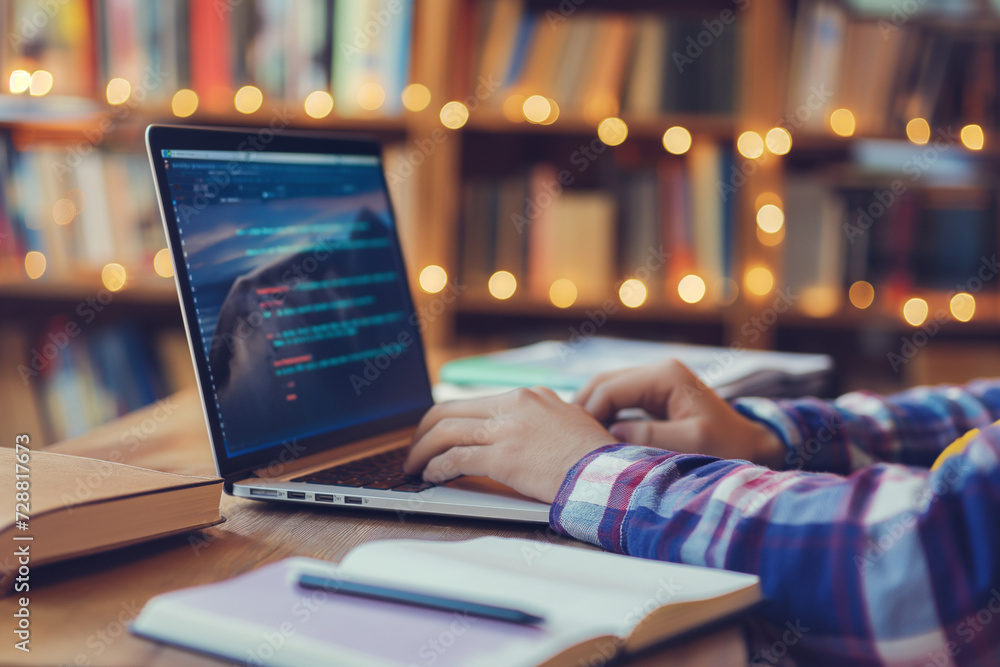 Student participating in an online class, visible laptop screen showing ...