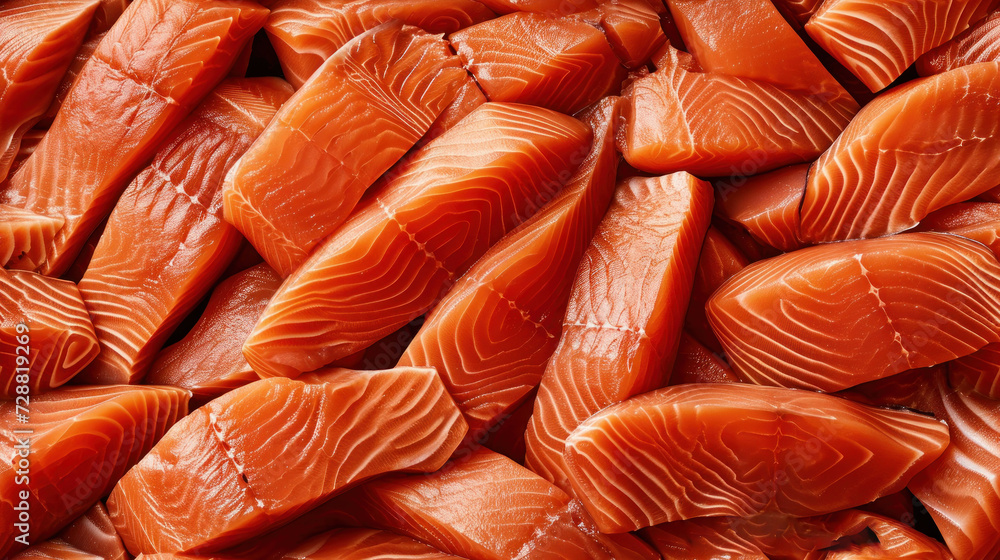 a pile of salmon fillets sitting on top of a pile of other fish fillets ...