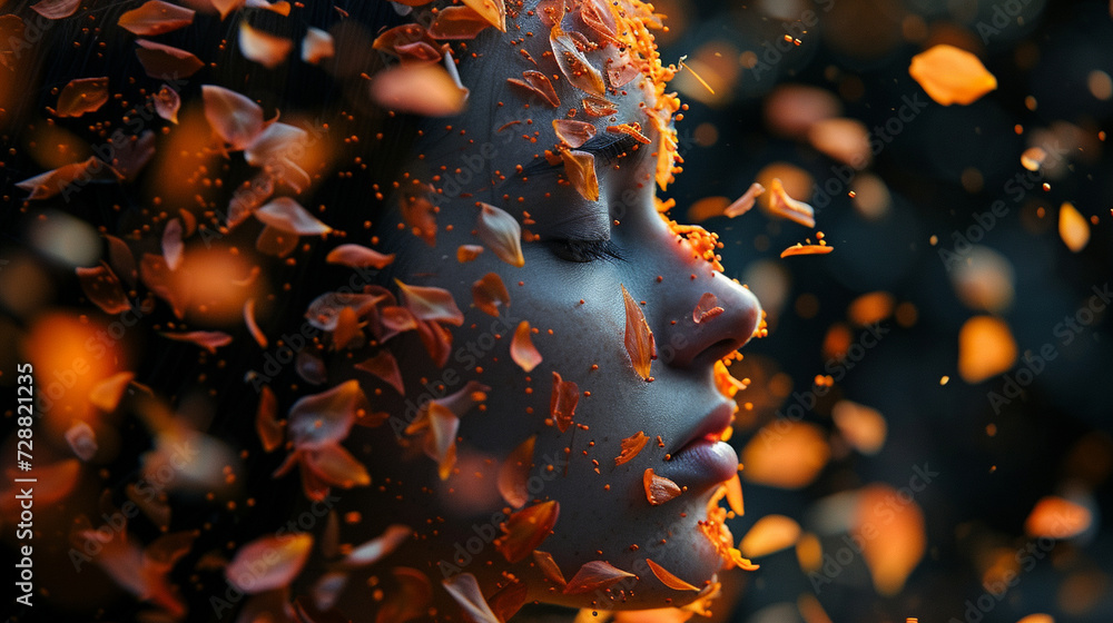 A face obscured by a veil of falling petals, capturing the ephemeral ...