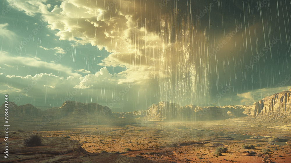 A surreal desert with upside-down rain falling from the sky ...