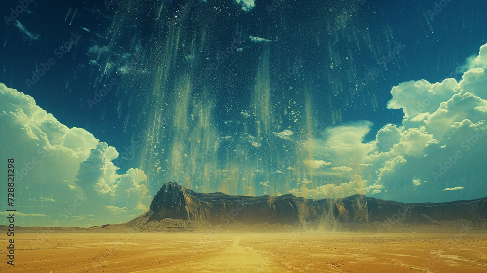 A surreal desert with upside-down rain falling from the sky ...