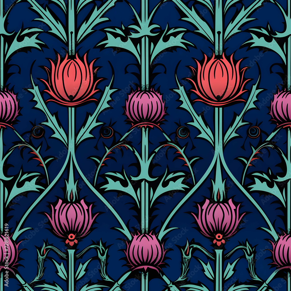 repeating pattern of thistle on a trellis in the style of gouche artists + Arts and crafts ...