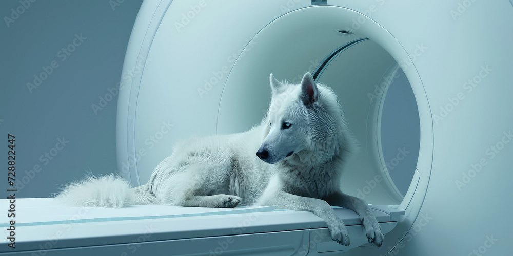 Dog Awaiting MRI Scan in Modern Veterinary Clinic. Puppy sits patiently ...