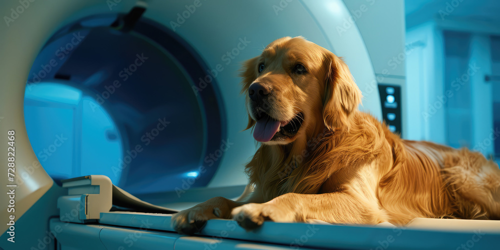 Dog Awaiting MRI Scan in Modern Veterinary Clinic. Puppy sits patiently ...