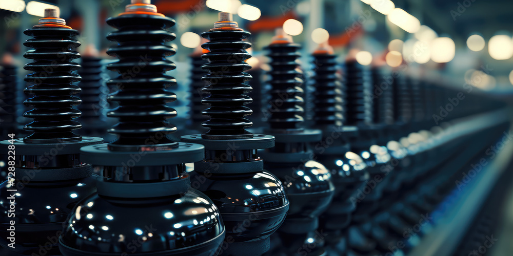High Voltage Electrical Insulators in a Power Grid. Close-up of ...