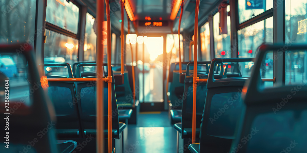 Modern City Bus Interior, nobody. Spacious and empty interior of a ...