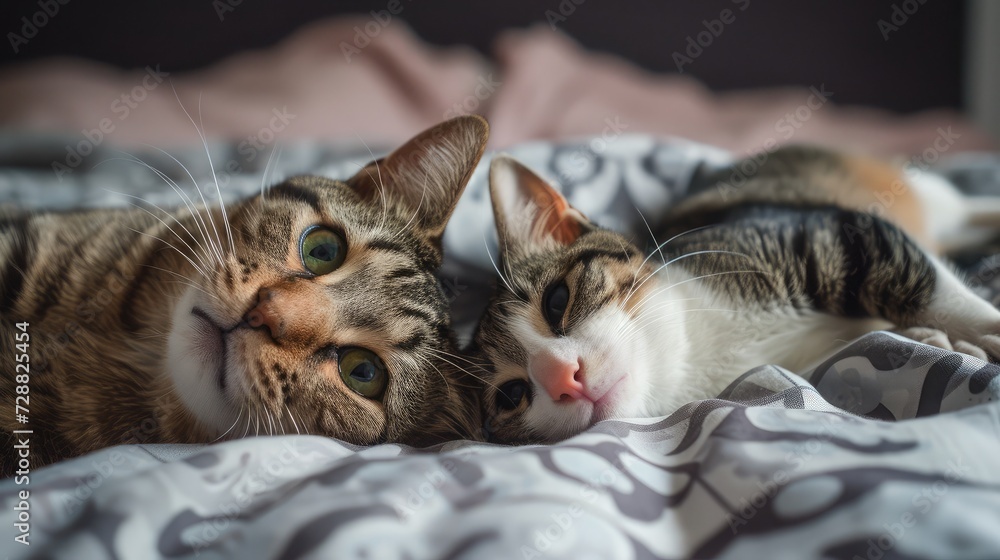 Cat and rat lie together on bed. Illustrating peaceful animal ...